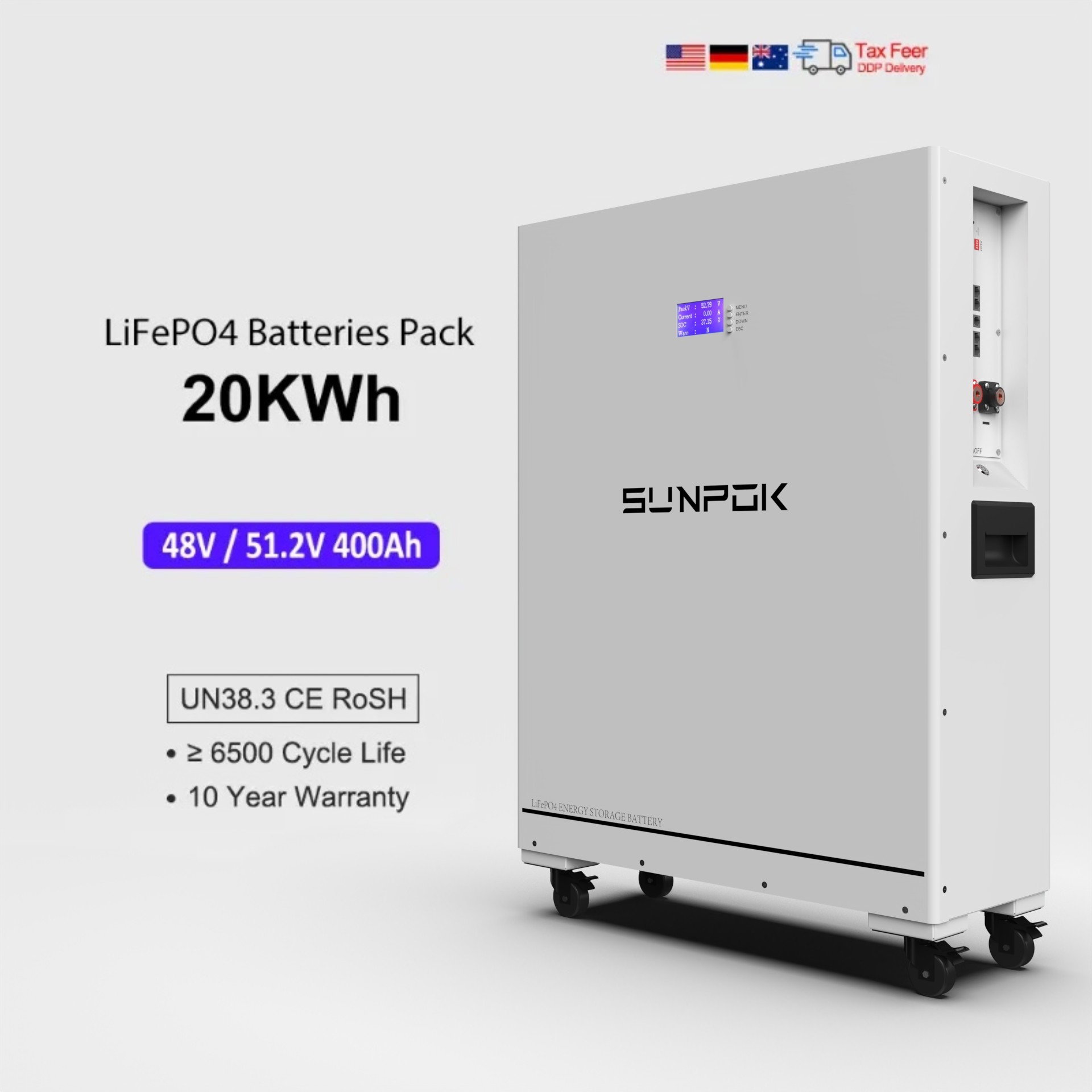 51.2V 20KWH Lifepo4 Lithium Solar Battery 48V 400Ah Lithium Ion Battery Pack 20Kwh Home Energy ...